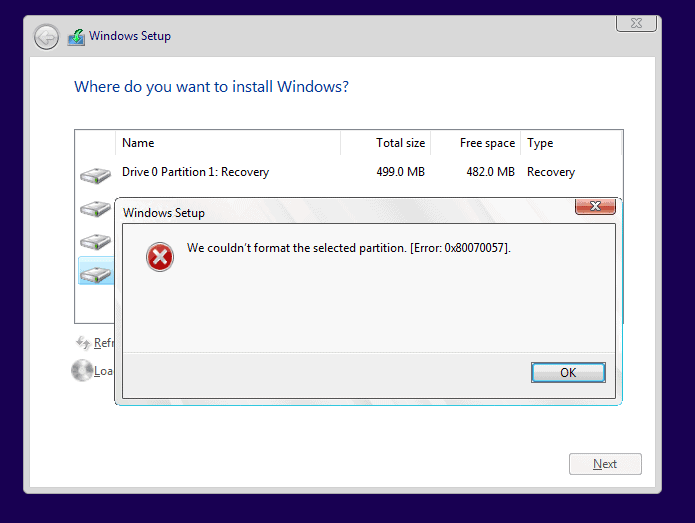 We Couldn't Format the Selected Partition: [Error: 0x80070057] Fix