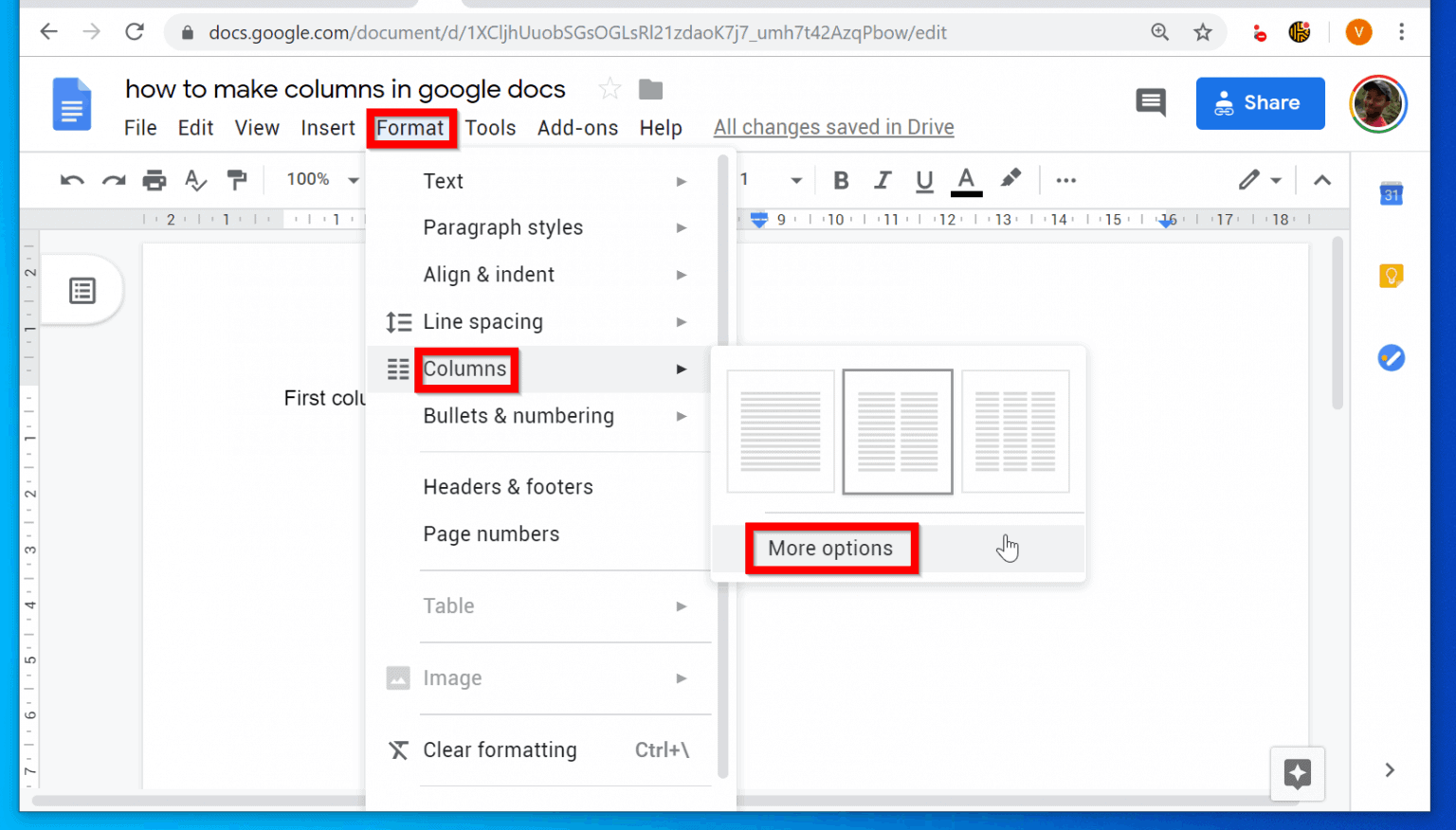 How to Make Columns in Google Docs from a PC (Docs.Google.com)