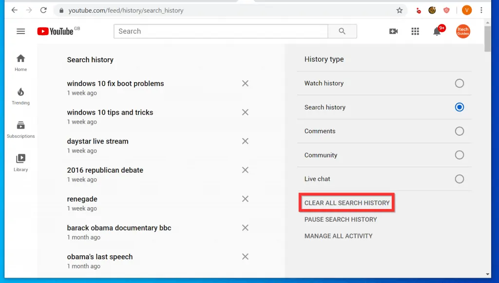 How to Clear YouTube History - Itechguides