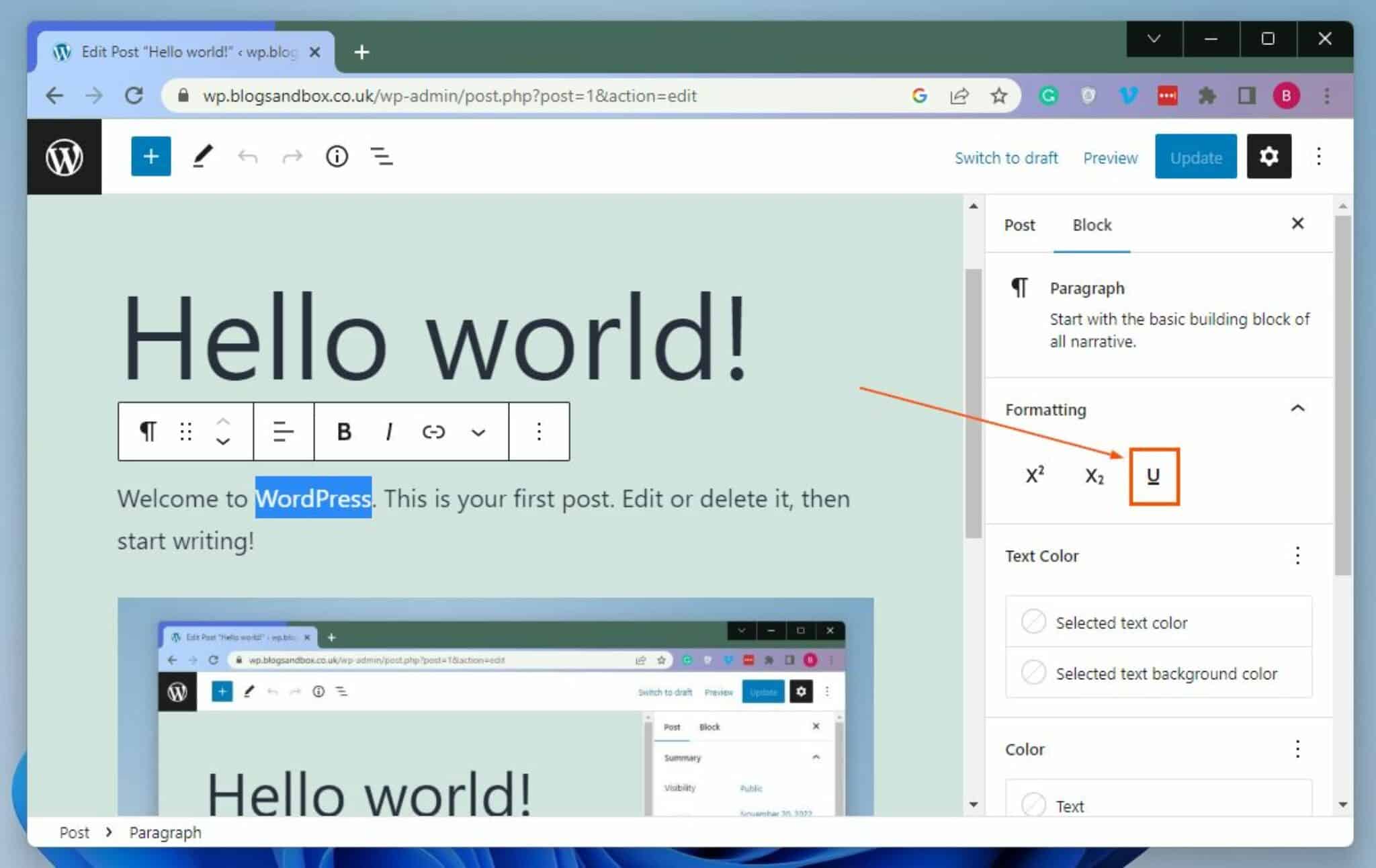 How To Underline Text In WordPress - Itechguides.com